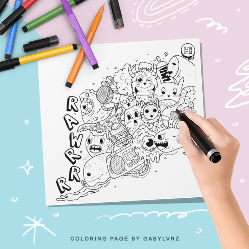 Rawrrr Doodle Coloring Page · Karyakarsa